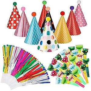 Skylety 59 Pieces Party Cone Hats with Colorful Party Blowers and Metallic Fringed Noise Makers Birthday Blowouts Horns Whistles Musical Noisemaker
