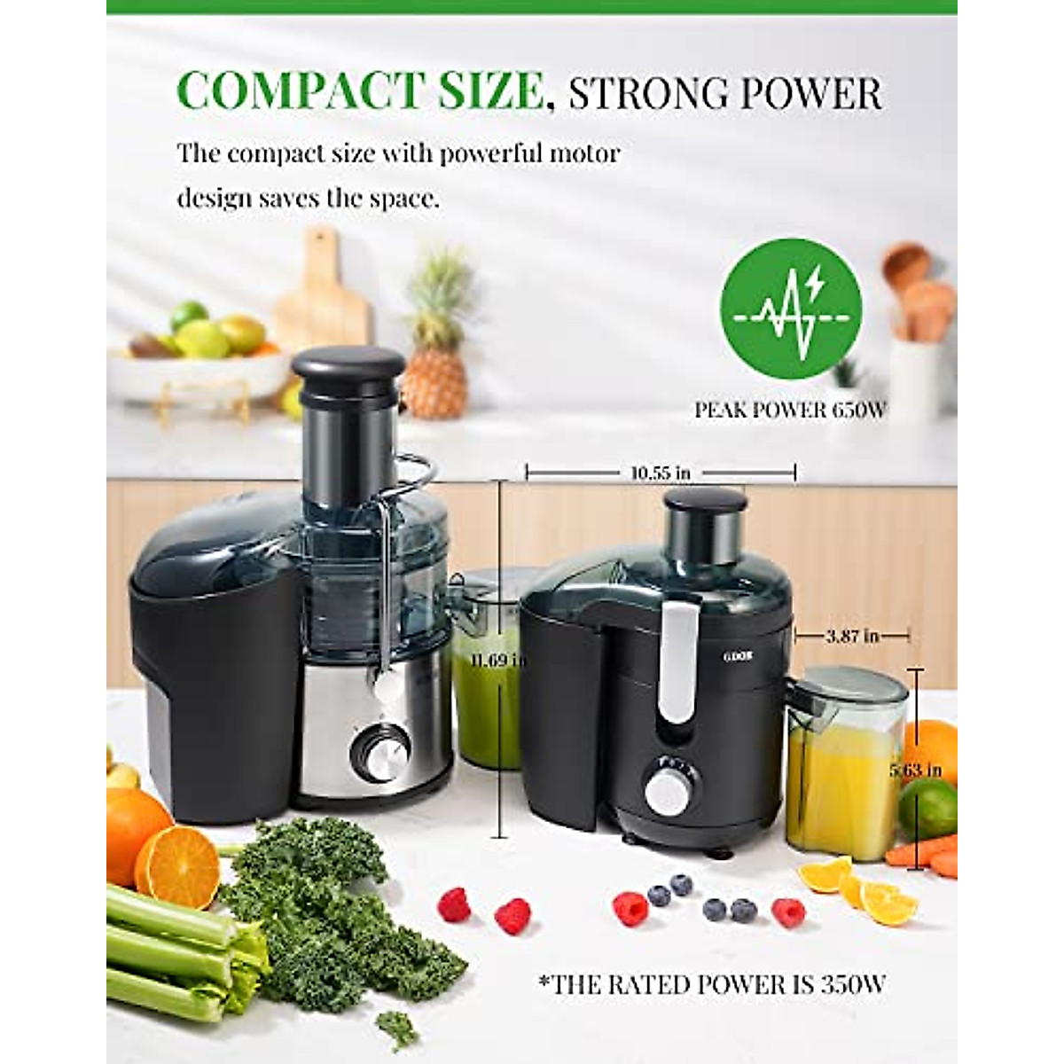 Juicer with Titanium Enhanced Cut Disc, GDOR Dual Speeds Centrifugal Extractor Machines with 2.5" Feed Chute, for Fruits and Veggies, Anti-Drip, Includes Cleaning Brush, BPA-Free, Black