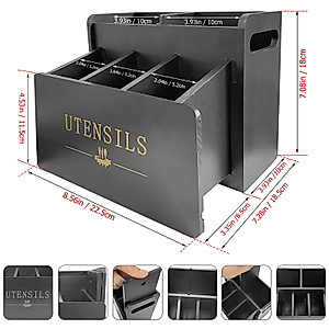 Yleric kitchen utensil organizer for countertop,wooden utensil holder organizer-5 compartments with splints,The tableware rack is used for storing knives, forks, spoons and napkins. (black)