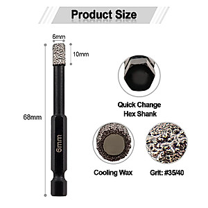 SHDIATOOL Dry Diamond Drill Bits 1/4" for Porcelain Tiles Ceramic Porcelain Marble Granite Dia 6mm 2pcs
