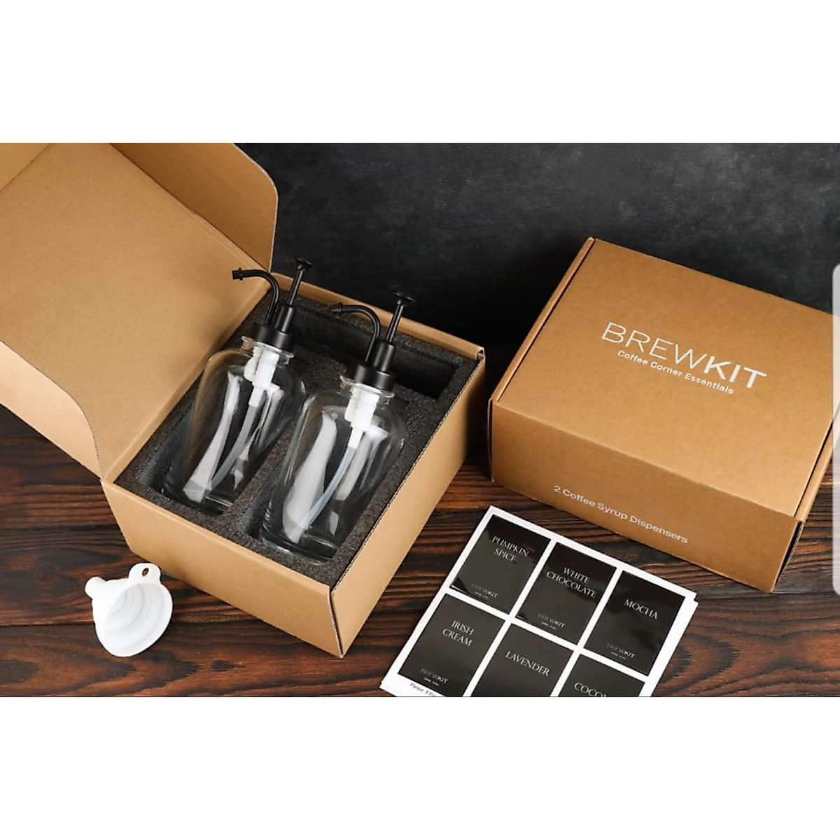 Stainless Steel Coffee Syrup Dispenser for Coffee Bar, Clear Glass Coffee Syrup Bottles - Coffee Syrup Pump Dispenser with 18 Labels and Pouring Funnel - Set of 2-16.9 Oz 500ml - Black