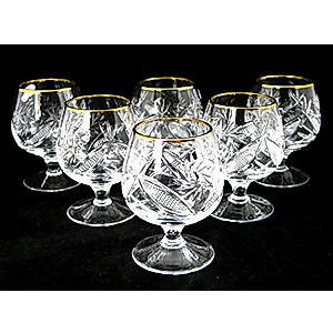 SET of 6 Russian Cut Crystal Stemmed Snifter Goblet for Cognac Scotch Whiskey, 24K Gold Rimmed 7 Oz. Glass, Vodka Liquor Old-fashioned Glassware, Hand Made