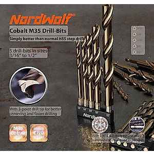 NordWolf 5-Piece M35 Cobalt Drill Bit Set for Stainless Steel, Hard Metals & Cast Iron, Jobber Length with 1/4" Hex Shank, SAE Sizes 3/16"-1/4"-5/16"-3/8"-1/2"