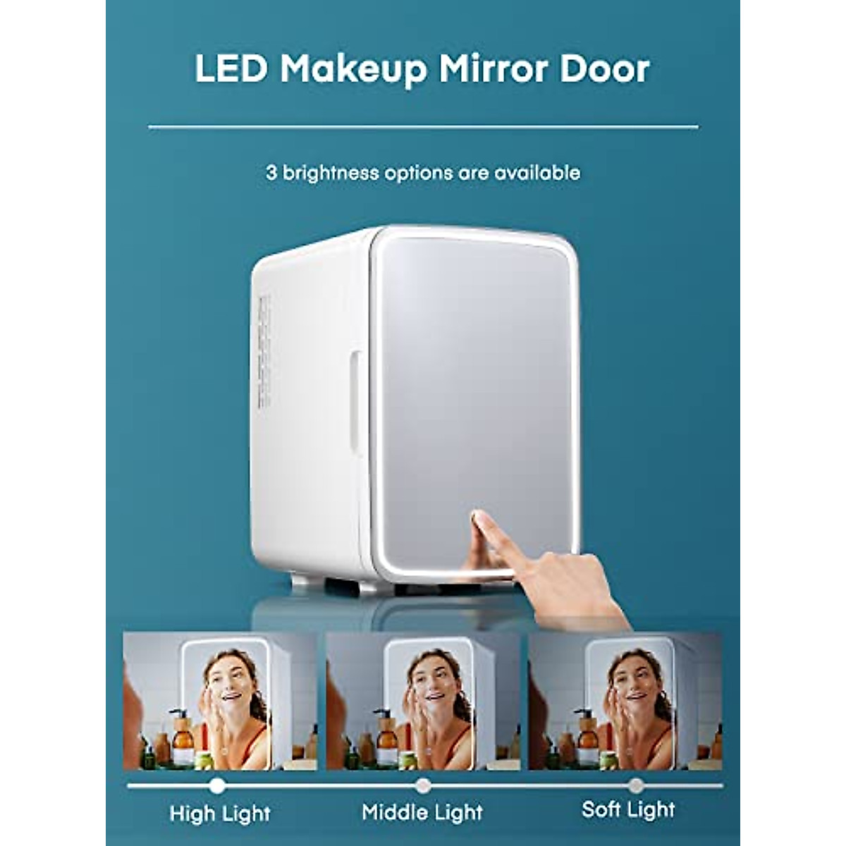 FOHERE Skincare Mini Fridge for Bedroom 10 Liter/11 Can, Portable Mini Fridge for Food, Beverage, Cosmetics, Snacks, Cooler and Warmer Function, AC/DC Small Refrigerator with Mirror, White