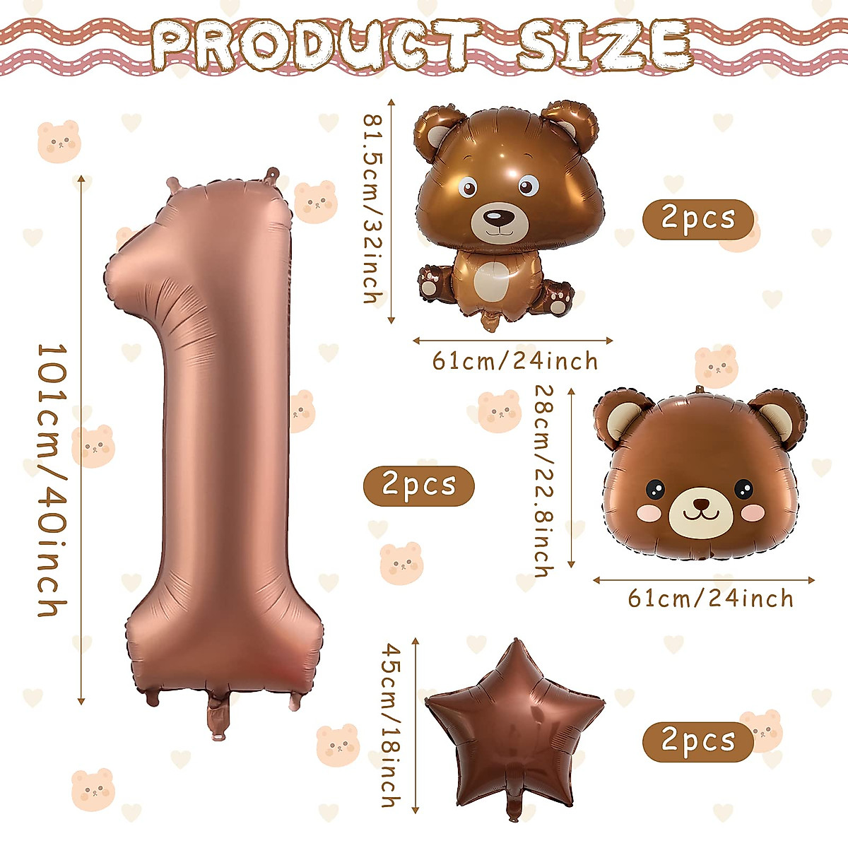 Bear Balloons, Teddy Bear Balloon, Foil Animal Balloons for We Can Bearly Waits Theme 1st Birthday Party Decor Supplies 7 Pcs (1st)