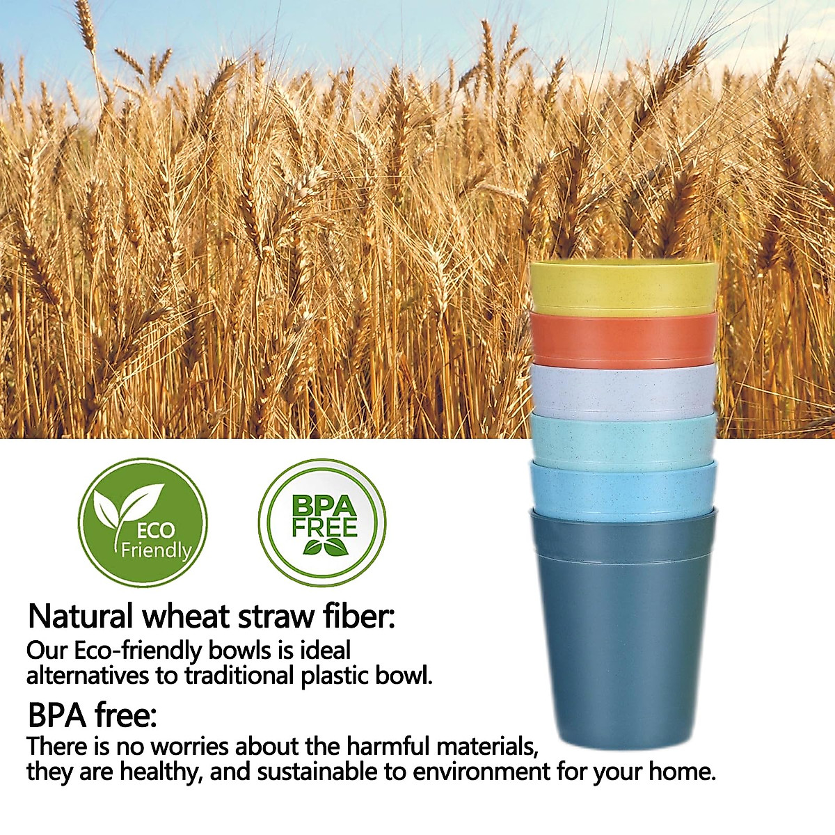 Unbreakable 12 Ounce Wheat Straw Cups, 8 Pieces Stackable Water Drinking Cup, Light Weight Water Tumblers for Soda, Tea, Beer, Iced Coffee, BPA Free Dishwasher Microwave Safe Smoothies Cups