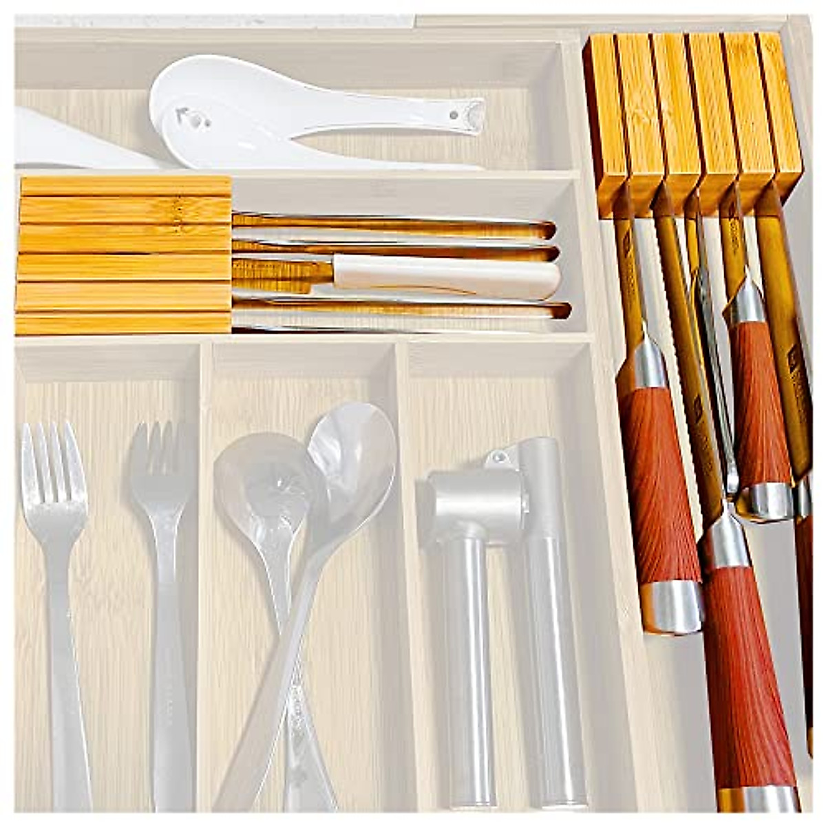 Knife Block Organizer - LIJEPNA In Drawer Organizer Bamboo Wood Drawer Knife Organizer - Designed to Hold 10 Knives(Not Included)-Keep Knife’s Blades Store Without Pointing Up