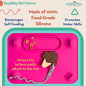 BUSY BABY Silicone Placemat-As Seen On Shark Tank-Built-in Suction Cups-4 Toy Tethers for Babies Toddlers and Kids-Food Grade Silicone-8.5 x 11 in-Comes with Travel Sleeve-Dishwasher Safe-Pewter