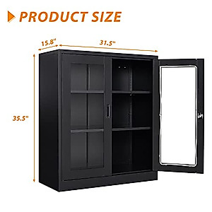 Anxxsu Metal Storage Cabinet with Glass Door, Locking Display Storage Cabinet with 2 Glass Doors and 2 Adjustable Shelves for Home, Office, Bedroom Storage (Black)