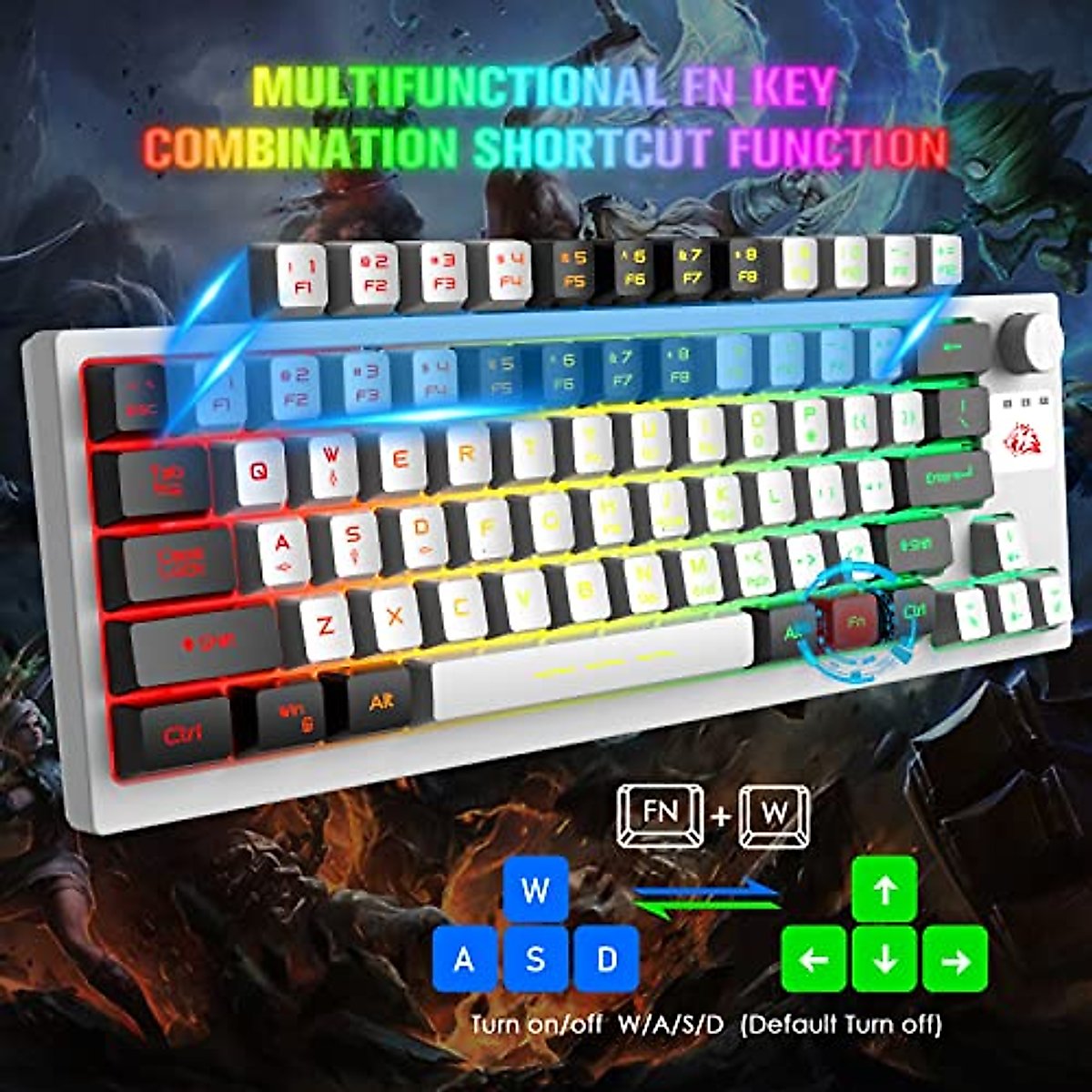 FELICON Small Wireles Gaming Keyboard and Mouse Combo, Rechargeable RGB Backlit 64 Keys Mini Double Color Keyboard and Crack Light Up Mouse, Mouse Pad for PC, MAC, Gamer