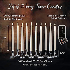 Enchanted Spaces Set of 10 Daily Timer Flameless LED Ivory 10" Taper Candles with Realistic Black Wick, Daily Timer Remote Control and 20 AA Batteries, Candle Holders NOT Included