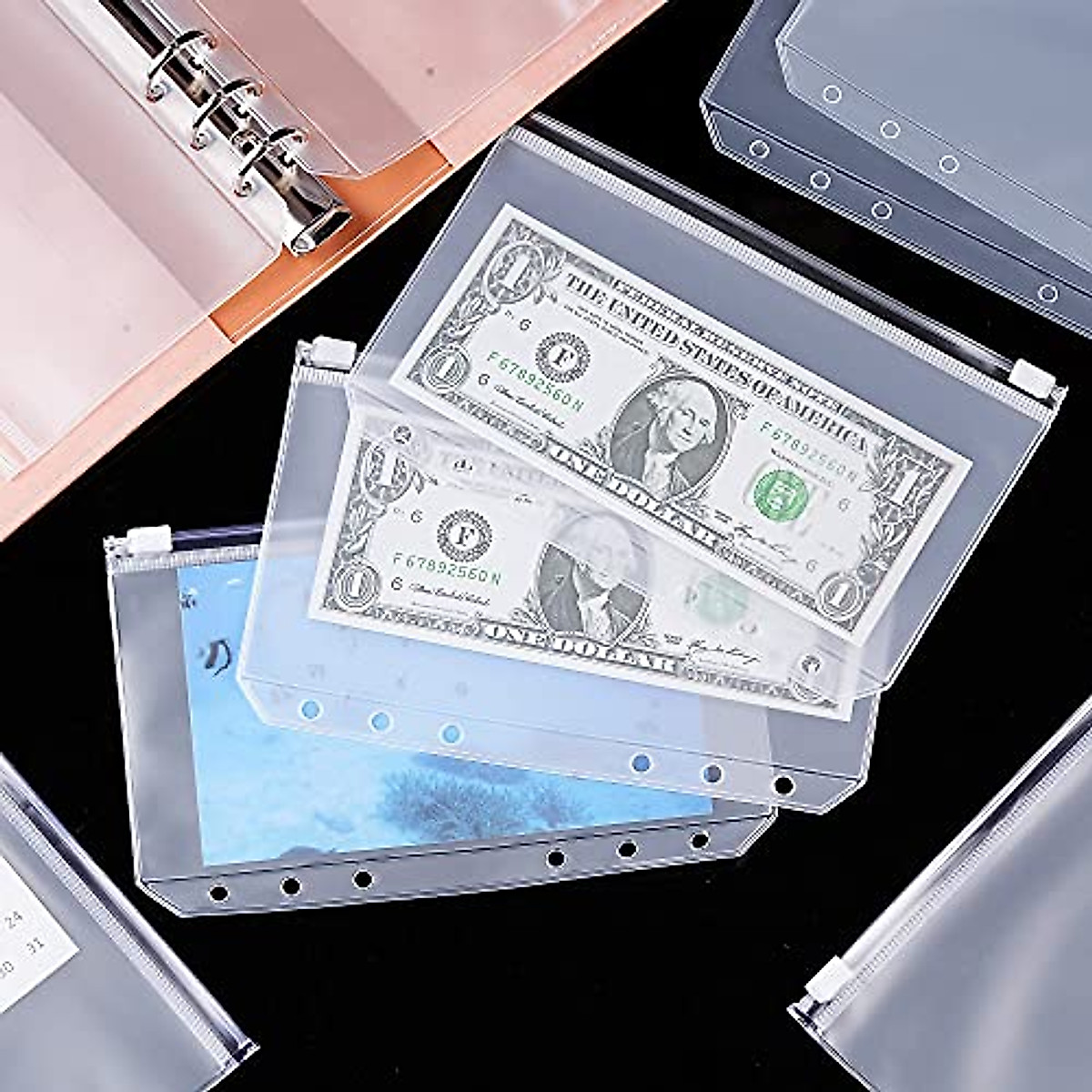 35pcs Binder Pockets A6 Binder Zipper Folders 6 Holes Zipper Binder Pocket for 6-Ring Notebook Binder Loose Leaf Bags, Waterproof PVC Pouch Document Filing Bags Zipper Loose Leaf Bags for Cash, Cards