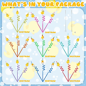 24 Pcs Duck Straws Duck Birthday Party Favors Duck Drinking Straws with 2 Pcs Cleaning Brushes Yellow Duck Theme Reusable Plastic Silly Straws for Kids Birthday Party Supplies, 8 Designs