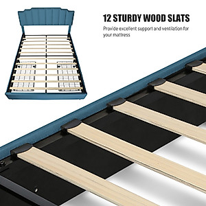 Queen Size Linen Upholstered Platform Bed Frames with Adjustable Headboard, Rivets Design Platform Bed with 2 Storage Drawers, Noise-Free for Bedroom Small Living Space Boys Girls Adults Teems, Blue