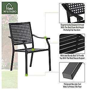 MFSTUDIO 6 Piece Black Patio Dining Chairs,Stackable Outdoor Metal Mesh Chairs with Armest for Garden, Poolside, Backyard, Bistro