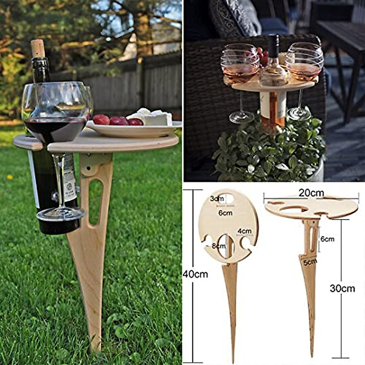 Outdoor Wine Table-Outdoor Wooden Folding Wine Table-Wine Glass Rack Bottle and Glass Holder Round Desktop Foldable Bamboo Snack Table for Outdoors,Garden,Party,Travel, Beach