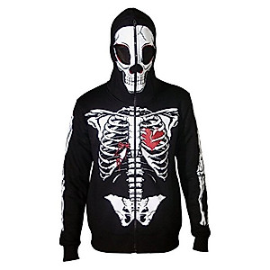 SKYLINEWEARS Men Full Face Mask Skeleton Skull Hoodie Sweatshirt Halloween Costume Hoodie Black S