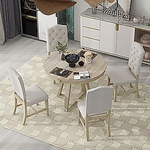 Merax, Natural 5-Piece Retro Functional Set,Round Table with a 16" W Leaf and 4 Upholstered Chairs for Dining Room