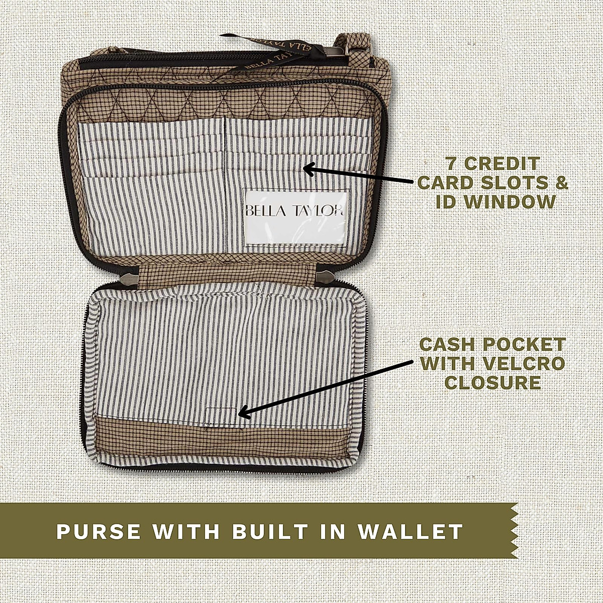 Bella Taylor Essentials Crossbody Purse with Built In Wallet, Quilted Cotton Ashmont Tan, Grey and Cream Patchwork