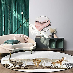 Round Area Rugs Children Crawling Mat Non-Slip Mat, Safari Residential Carpet for Living Room Rugs Decor, Illustration of Wild Savannahs African Animals Giraffe Lion Elephant Zebra, 5Ft(60In）