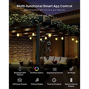 ASAHOM Solar Powered Outdoor String Lights Color Changing, 48ft Waterproof Solar RGB Patio Lights with 15 Dimmable Shatterproof Warm White LED Bulbs, 5000mAh Solar Panel Capacity for Garden Gazebo