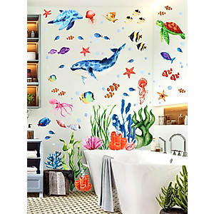 Kalolary Under The Sea Wall Decals Sea Turtle Whale Dolphin Starfish Wall Stickers 3D Coral Reef Ocean Grass Bubbles Wall Decals Wall Decoration for Wall Corner Nursery Room Children Bedroom Bathroom