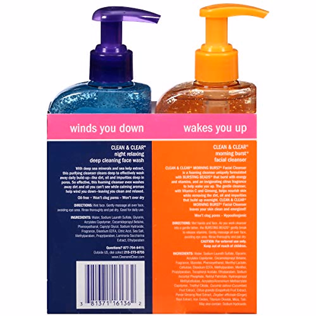 Clean & Clear 2-Pack Day and Night Face Cleanser Citrus Morning Burst Facial Cleanser with Vitamin C and Cucumber, Relaxing Night Facial Cleanser with Sea Minerals, Oil No & Hypoallergenic Face Wash