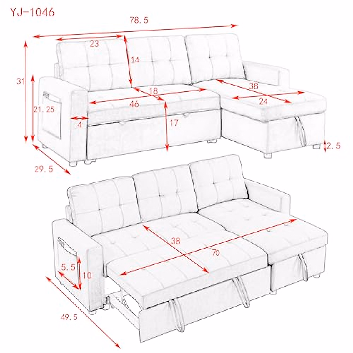 Reversible Sectional Sofa with Pull-Out Sleeper Bed, L-Shape 3-Seater Convertible Corner Sofa&Couches with Storage Chaise and Side Pockets ,Button Tufted Upholstery Couch for Living Room Furniture