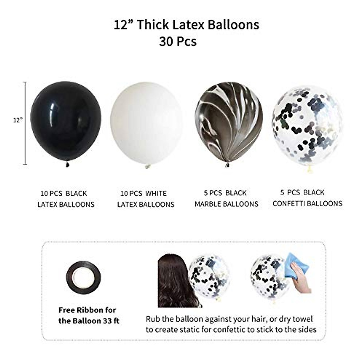 ANSOMO Black and White Happy Birthday Party Decorations, 30 Pcs Balloons Banner Foil Fringe Curtains, for Men Women