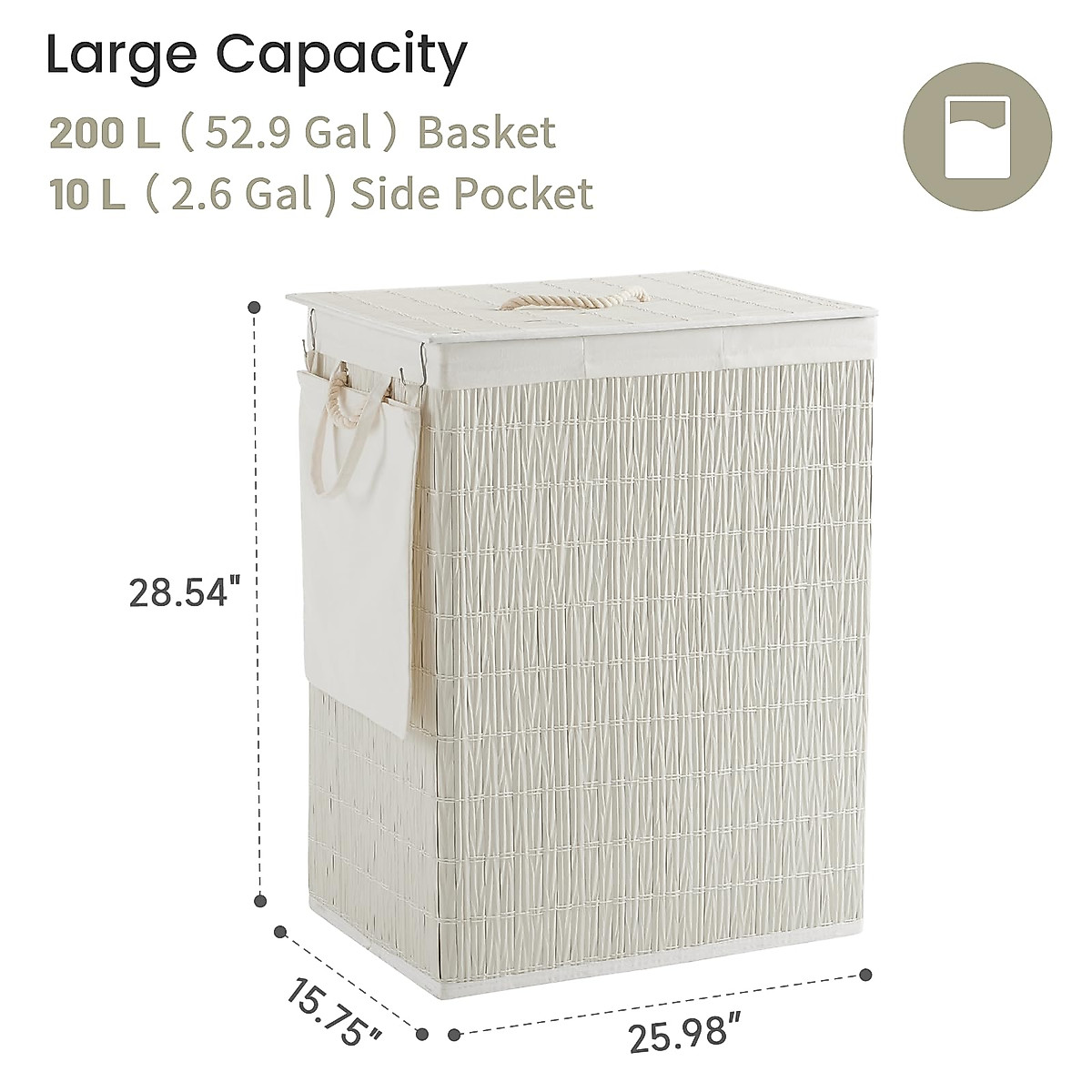 Laundry Hamper with Lid, 55.5 Gallon (210L), Large Handwoven Rattan Laundry Basket, 3 Section Clothes Hamper with Handles, 2 Removable Liner and Side Pocket, White