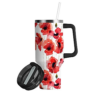 Yasala Car Tumbler with Handle Poppy Watercolor Travel Mug Coffee Cup Insulated Beverage Container Mega Cup for Hot Cold Drinking Thermos Water Bottle Cupholder Friendly 40 oz