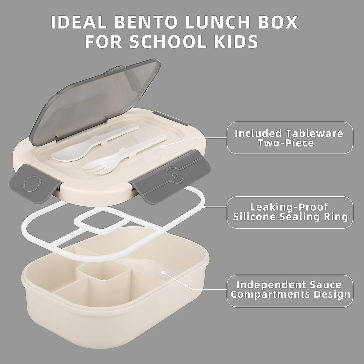 Vensp Bento Box Kid,1.3L Bento Box Adult Lunch Box,Lunch Box Containers for Kid/Adult/Toddler,Bento Boxes with 4 Compartments&Utensiles,Leak Proof,Microwave/Dishwasher/Freezer Safe(White)