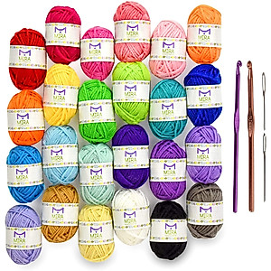 Mira HandCrafts 24 Acrylic Yarn Skeins | 525 Yards of Craft Yarn for Knitting and Crochet | Includes 2 Hooks, 2 Weaving Needles,7 E-Books as Crochet Accessories | Perfect Crochet kit for Beginners