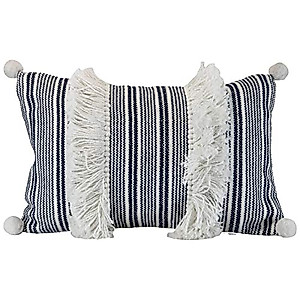 Foreside Home & Garden FIPL09258 Blue Decorative Throw Striped Woven 14x22 Outdoor Pillow w/Hand Tied Tassel Poms