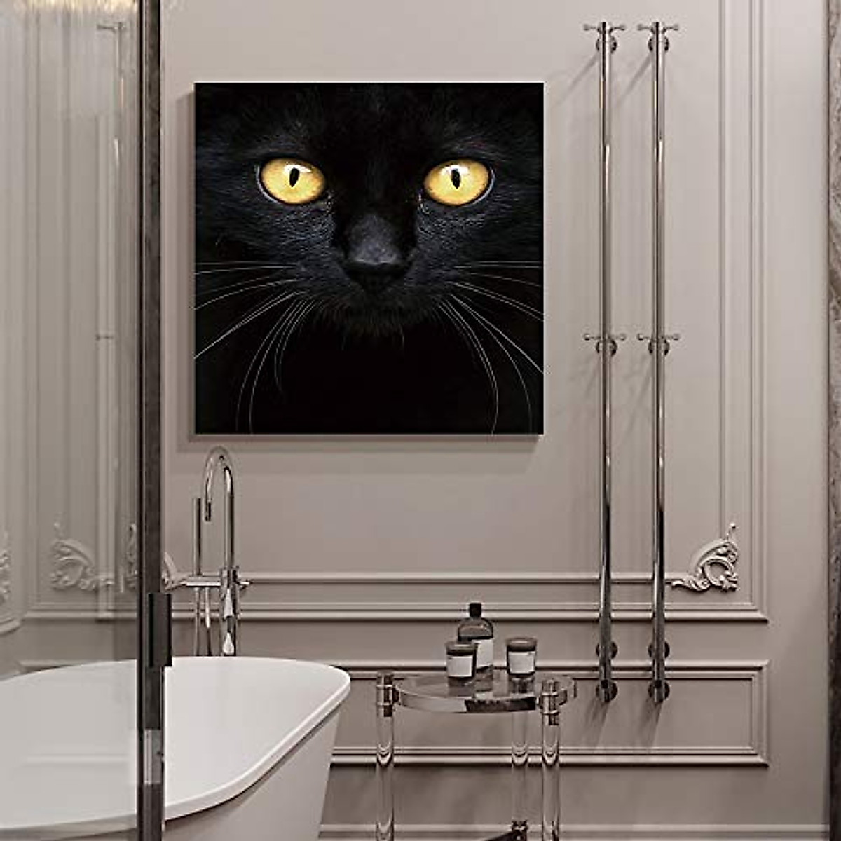HIYPLAY Canvas Wall Art Cue Black Cat in The Dark Picture Modern Artwork Printed on Canvas - Oil Painting for Wall Decor - Stretched and Framed Ready to Hang(12" x 12")