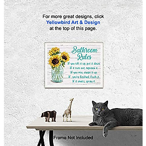 Bathroom Rules Wall Decor - Sunflower Wall Decor - Rustic Country Farmhouse Bathroom Decor - Powder Room Decor - Funny Blue Bathroom Decor - Restroom Sign - Bath Wall Art - Decorations - Unframed 8x10