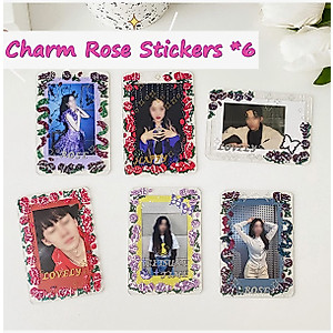 toovro 52 PCS Photo Card Holders for Kpop DIY Suit Penny Sleeves 10 Card Protectors Hard Plastic Holographic Sleeves with Chains 22 Korean Stickers Ribbon Heart Letter Charm Rose Devil Horn Stickers