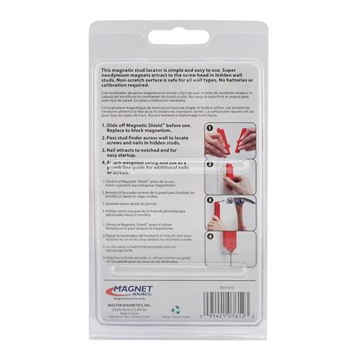 Master Magnetics 07612 Magnetic Stud Finder with Shield, Drywall Screw and Nail Locator, Red