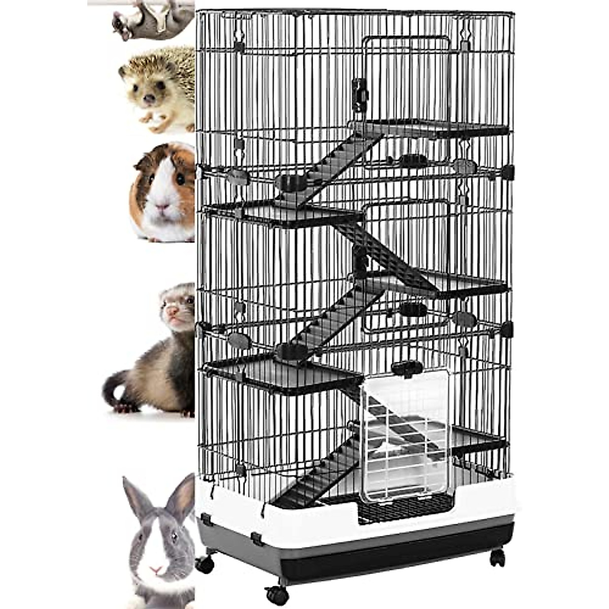 Extra Large Multi-Levels Indoor/Outdoor Small Animal Rabbit Bunny Guinea Pig Hedgehog Ferret Cat Chinchilla Squirrel Habitat Cage with Pull Out Tray Rolling Wheels (32" L x 21" W x 58" H, Black)