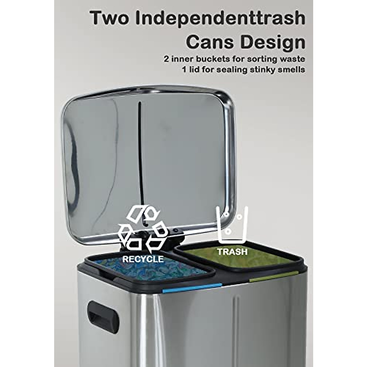 Capacmkseh Stainless Steel Kitchen Trash Can with Lid, 2 X 5-Gallon Dual Step Trash Can, 10 Gallon Large Garbage Can for Kitchen, Recycling Bins, Household Essentials Trash Classification