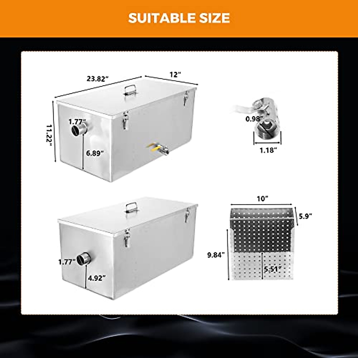 BEAMNOVA Commercial Grease Trap 25lbs Stainless Steel Interceptor, Side Inlet for Restaurant Home Kitchen Tools