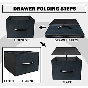 USJRAO Suede Fabric Dresser with 5 Drawers and Shelves Tall Chests of Drawers Sideboard Organizers Unit Storage Tower for Closet Bedroom Living Room Hallway Entryway Steel & Wood Black