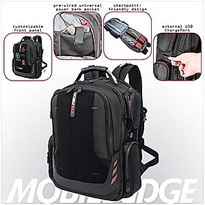 Core Gaming Laptop Backpack From Mobile Edge Core Gaming, 17.3 Inch, External USB 3.0 Quick-Charge Port w/Built-in Charging Cable, Patch Panel - Black w/Red Trim - MECGBPV1