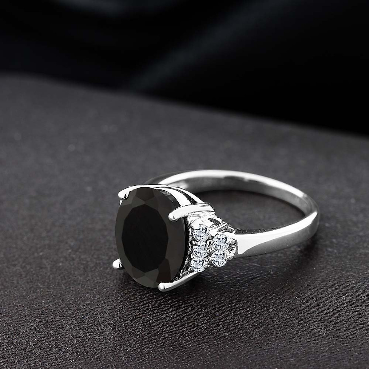 Gem Stone King 925 Sterling Silver Black Onyx and White Topaz Women Engagement Ring (4.40 Cttw 12X10MM Oval Center) (Size 6)