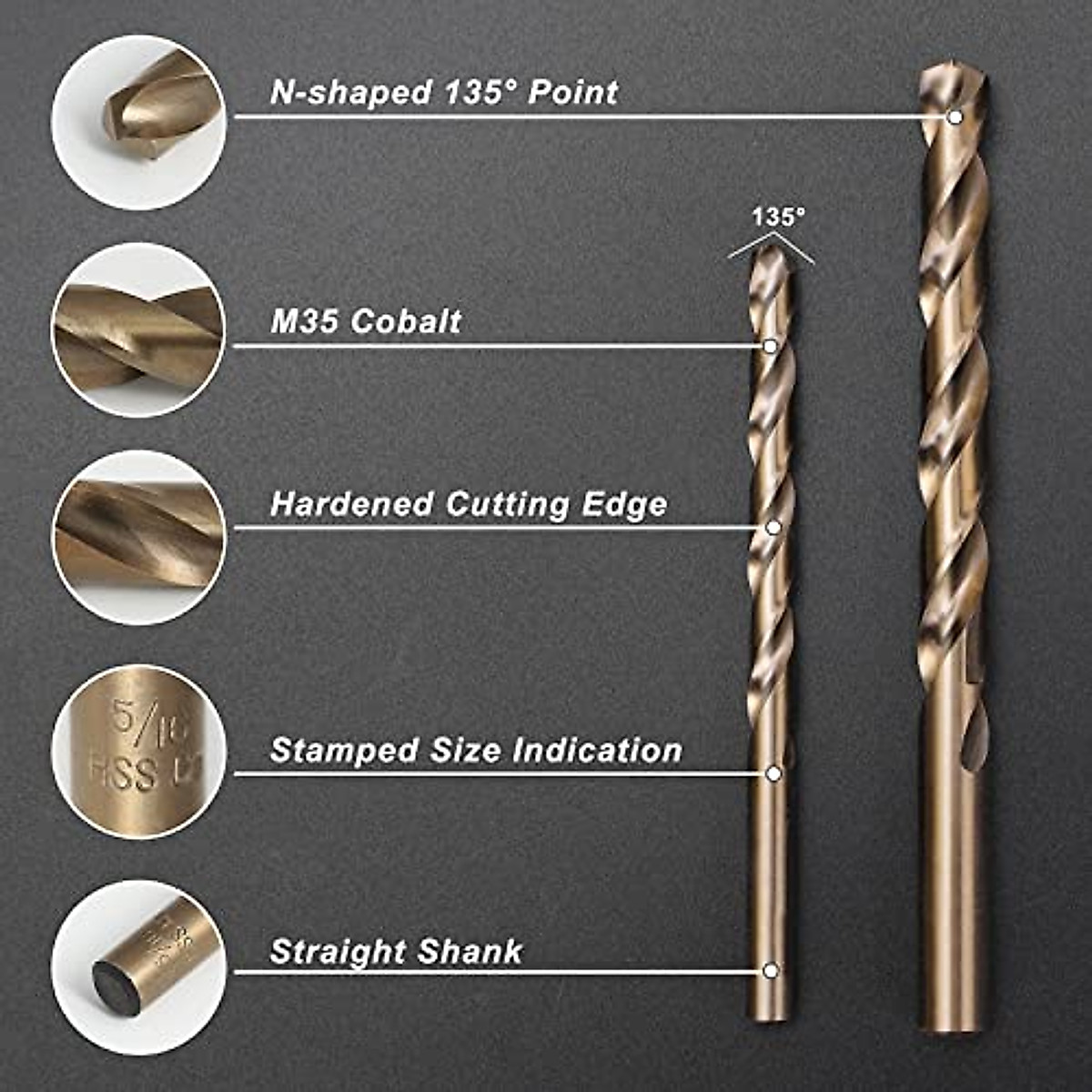 COMOWARE Cobalt Drill Bit Set, 115Pcs M35 High Speed Steel Twist Jobber Length for Hardened Metal, Stainless Steel, Cast Iron and Wood Plastic, 1/16"-1/2", with Metal Indexed Storage Case