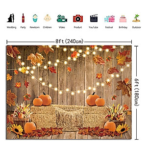Fall Pumpkin Photography Backdrop 8x6FT Autumn Thanksgiving Harvest Hay Glitter Wooden Background Maple Sunflowers Newborn Baby Shower Banner Party Decorations Photo Booth Props