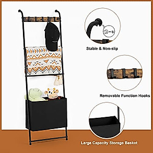 Blanket Ladder with Basket Towel Ladder Blanket Holder with Storage Basket 4 Tier Farmhouse Wall Leaning Ladder Rack with 5 Hanging Hooks for Bathroom Living Room Bedroom Rustic Brown