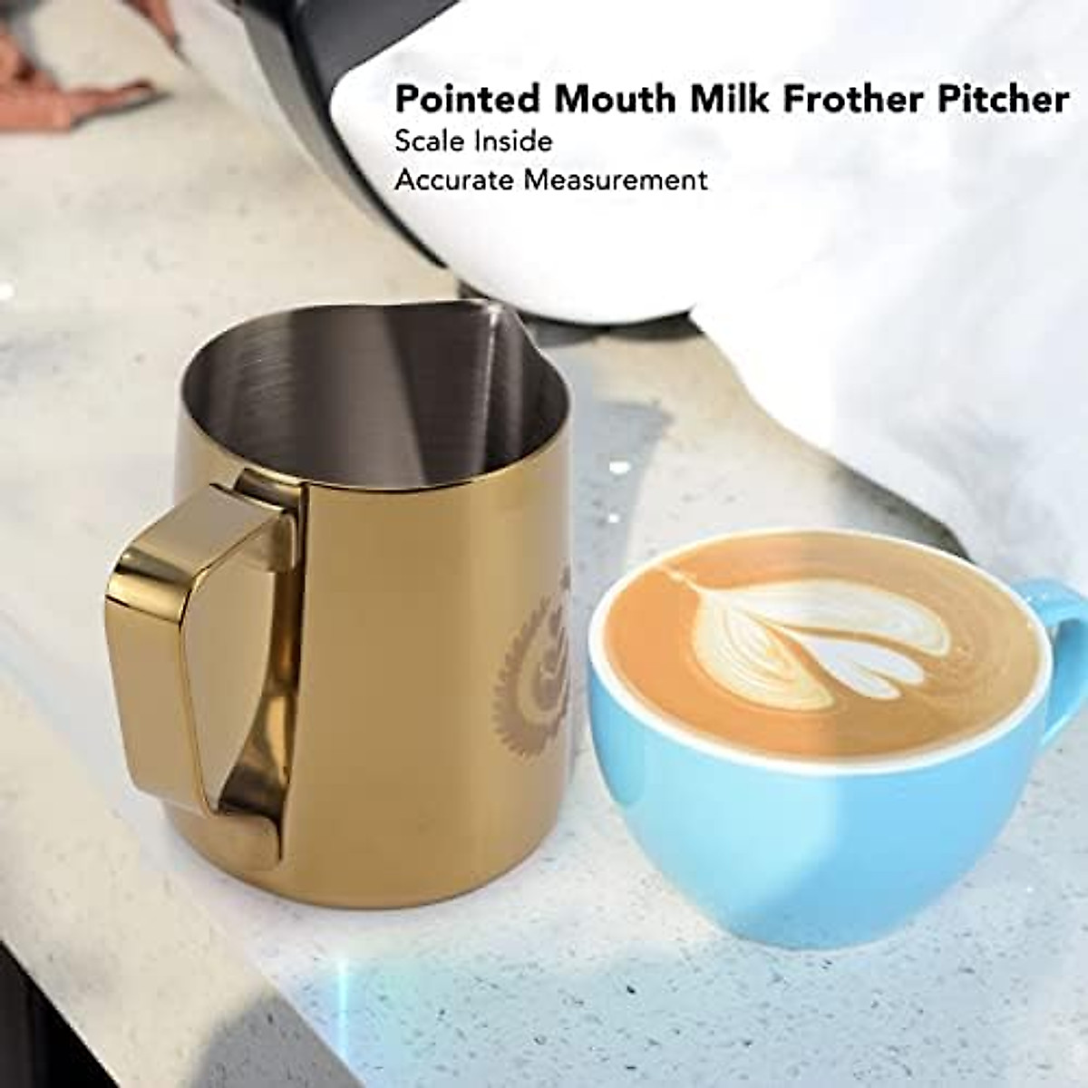 Milk Frother Pitcher, Espresso Steaming Pitchers ,Coffee Machine Accessories ,Wear Proof Eagle Spout Coffee Frother Cup 600ml Scale Inside Resistance for Shop ( Gold)