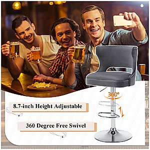 ABET Adjustable Bar Stools Set of 2, Velvet Swivel Counter Barstools with Hollow Back Footrest Soft Upholstered Bar Chairs for Kitchen Island Dining Room Home Bar Bistro, Grey, Chrome Base