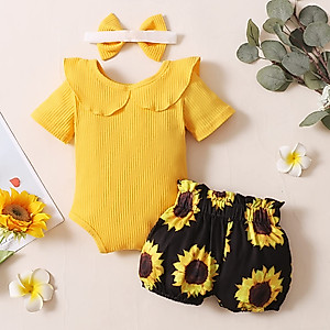 AMAWMW Newborn Baby Girl Summer Clothes Ribbed Ruffle Short Sleeve Romper Sunflower Shorts Outfit 3-6/6 Month Girl Clothes